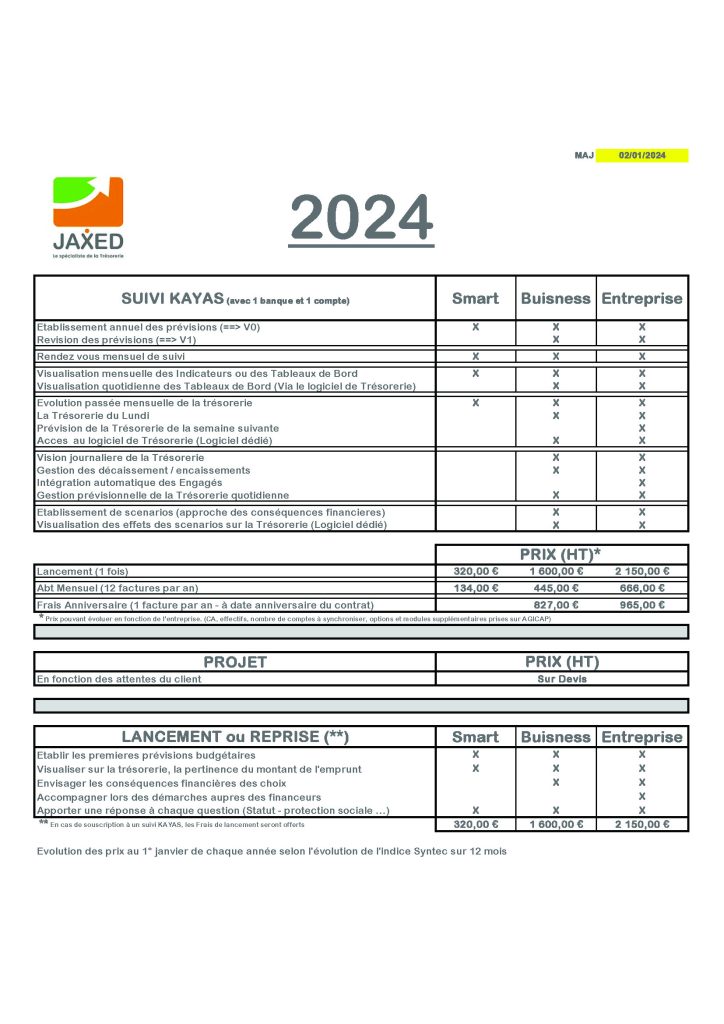 Gestion d'entreprise Tarifs - Jaxed